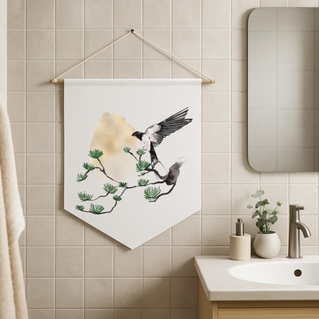 Asian Bird Pennant, Gold Leaf Art, Traditional Chinese Painting, Nature ...