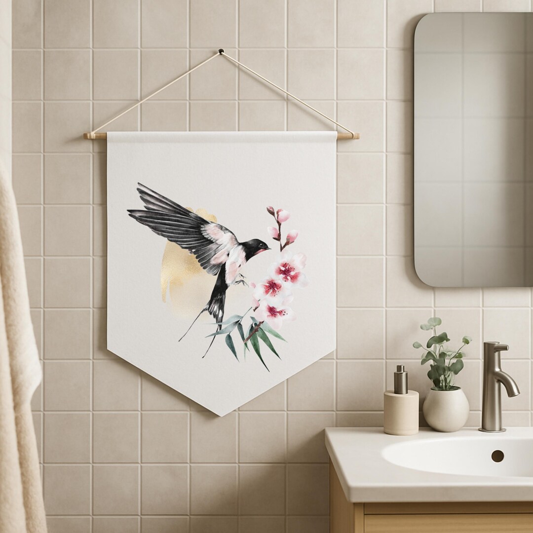 Swallow Bird Pennant, Cherry Blossom Art, Spring Nature Wall Decor ...