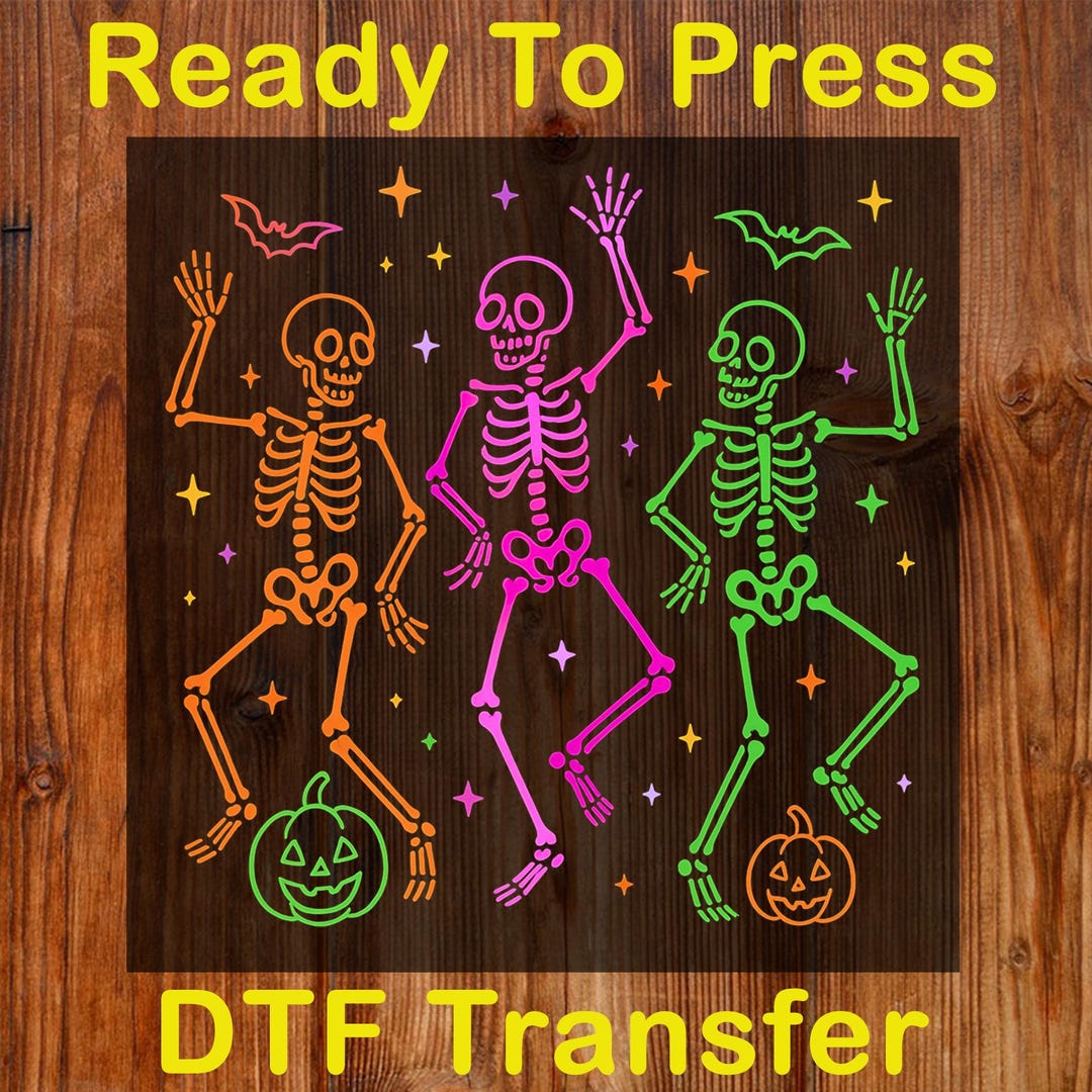 Neon Halloween Ready for Press DTF, Dancing Skeleton DTF Transfer ...