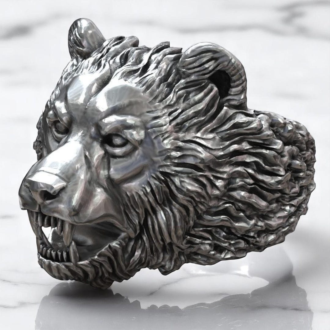 Handmade Silver Bear Ring – Fierce Black Bear Head Statement Ring ...