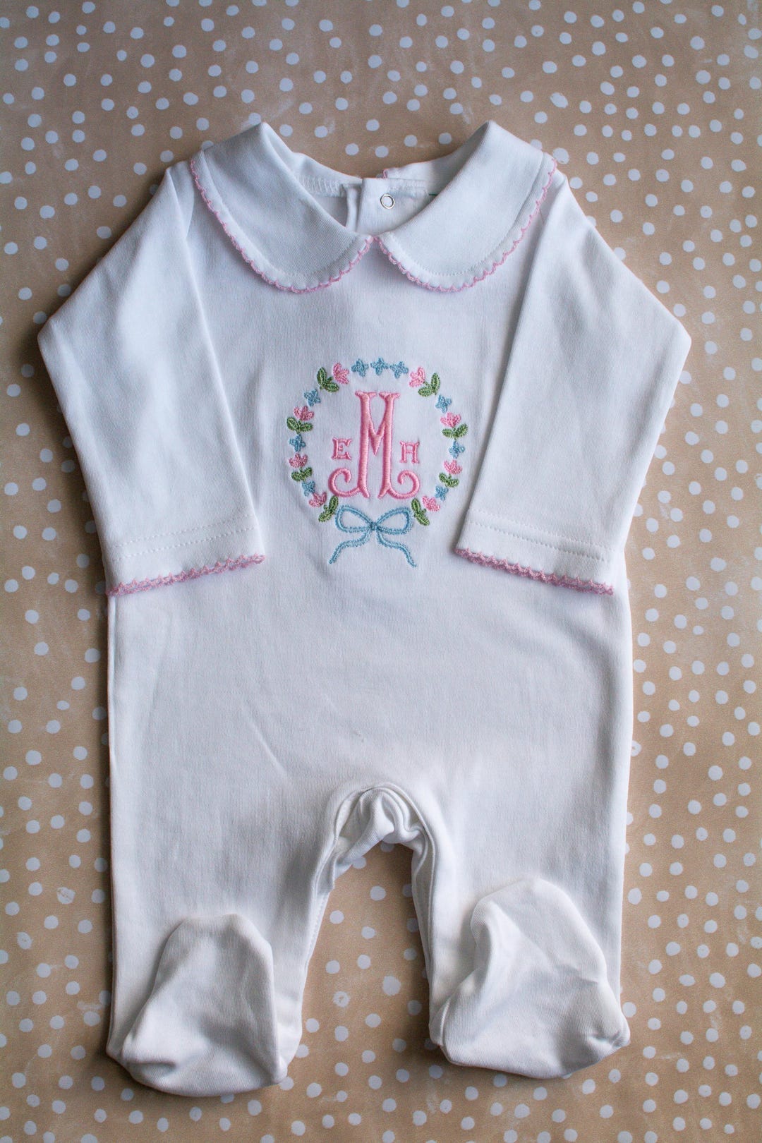 Embroidered Baby Girl Monogram Onesie – Embroidered Wreath Footie With ...