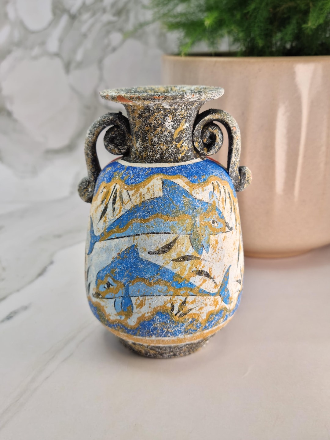 Hand-painted Greek Style Vase | Miniature Dolphin & Floral Amphora ...