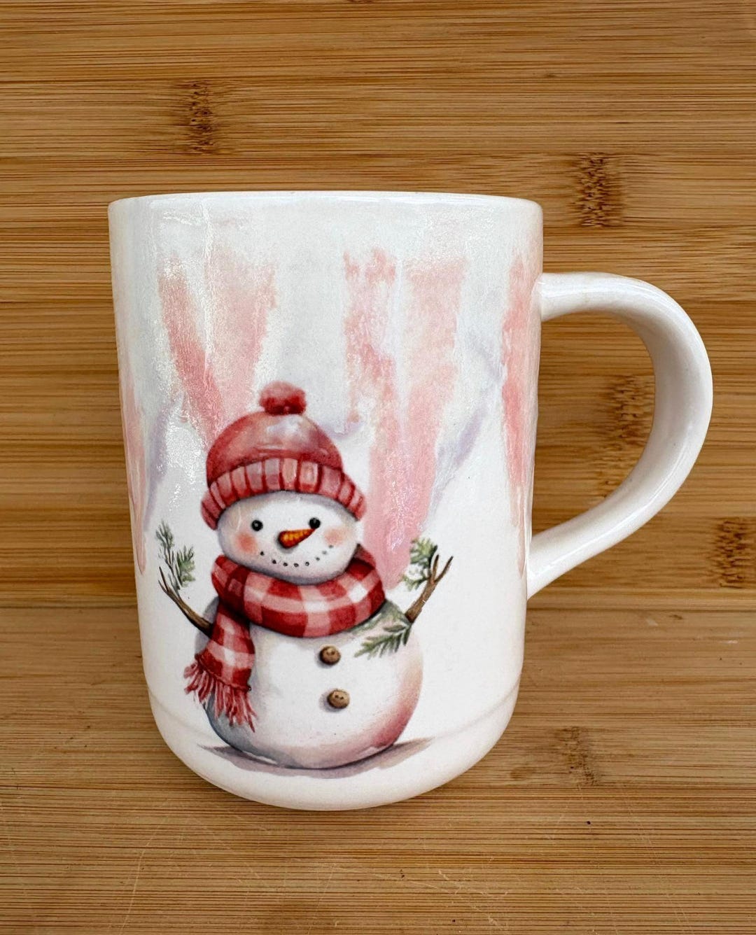 Snowman Ceramic Mug - Christmas Pink and White - Winter Two Sided ...