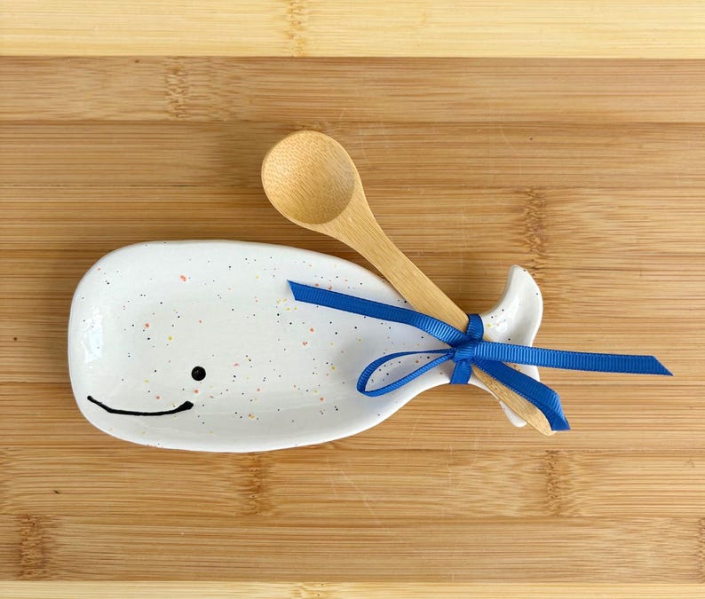 Ceramic Whale Spoon Rest With Bamboo Honey Spoon - Coastal Decor - Etsy