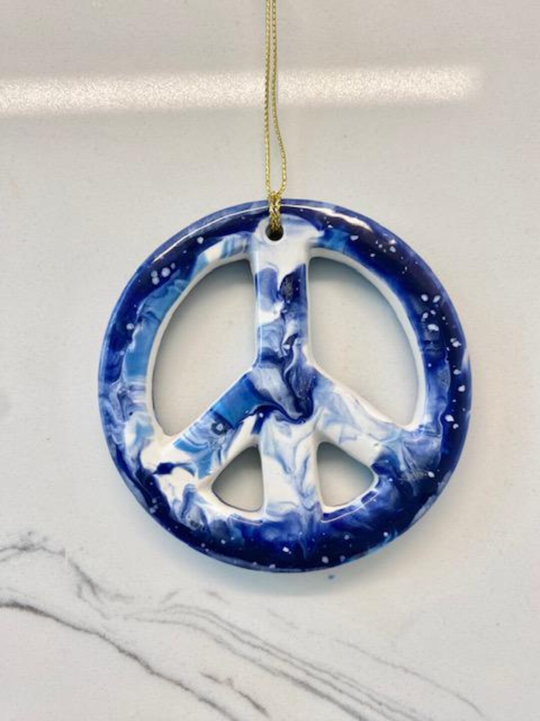 Set of 3 Peace Sign Ornaments Blue and White Glaze Pour Paint Swirl ...
