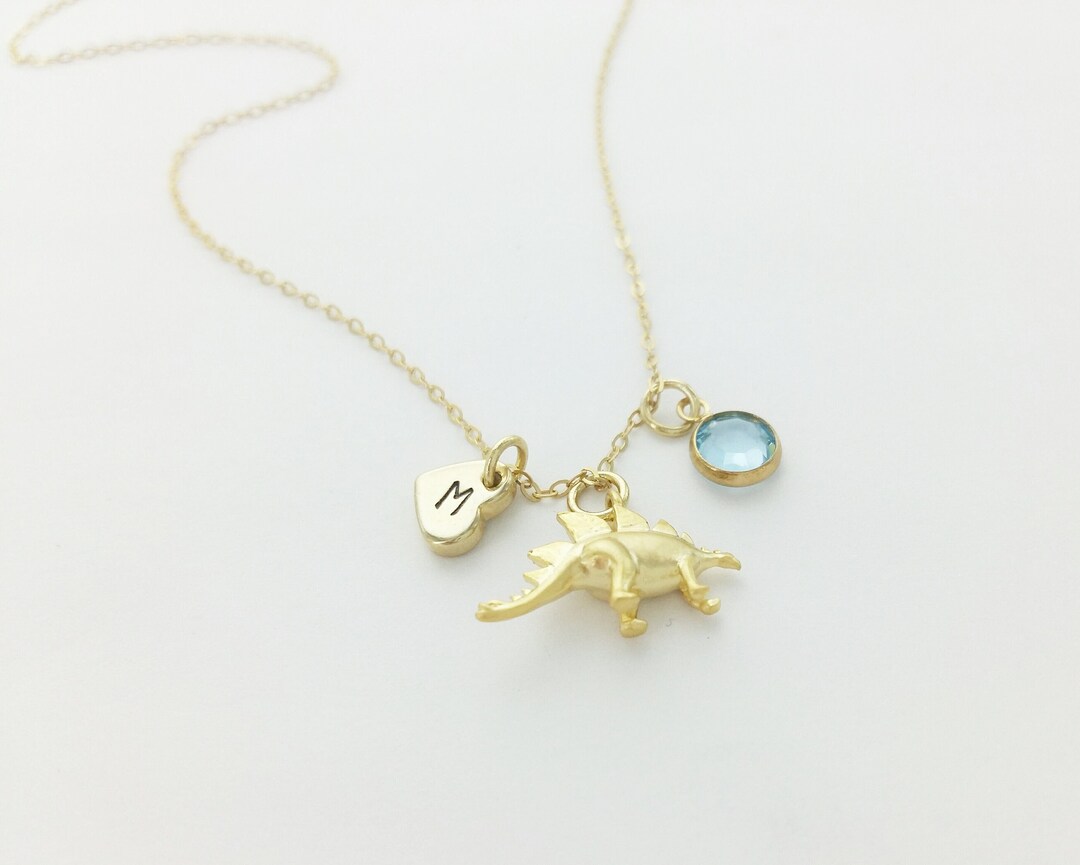 Dinosaur Charm Necklace, Gold or Silver, Initial Necklace, Birthstone ...