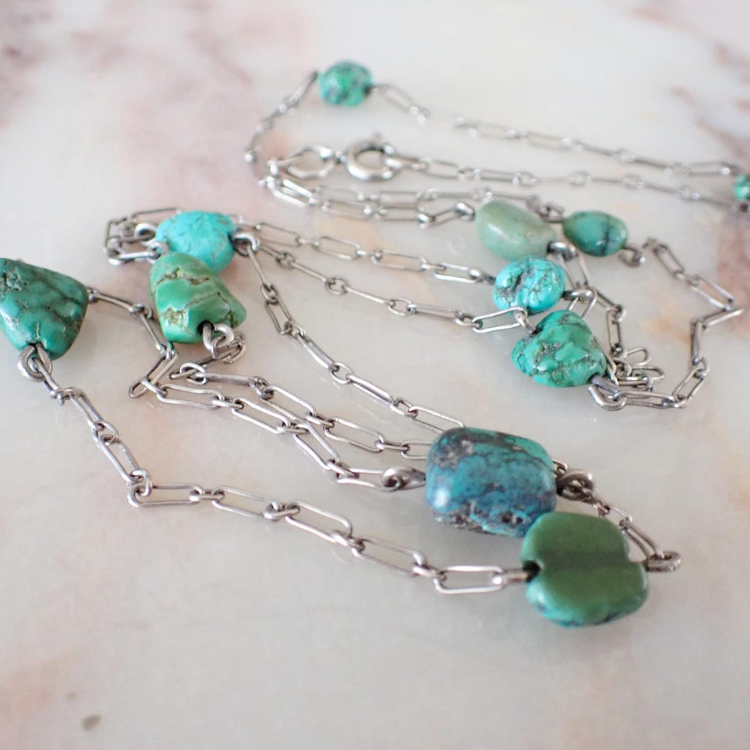 ART DECO Turquoise Nugget Necklace ~ Silver ~ 31" - Etsy