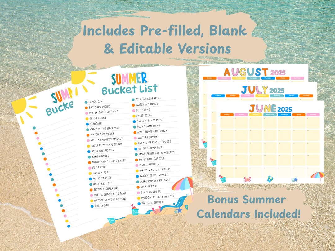 Customizable Summer Bucket List + Printable Calendars Bundle | Editable ...