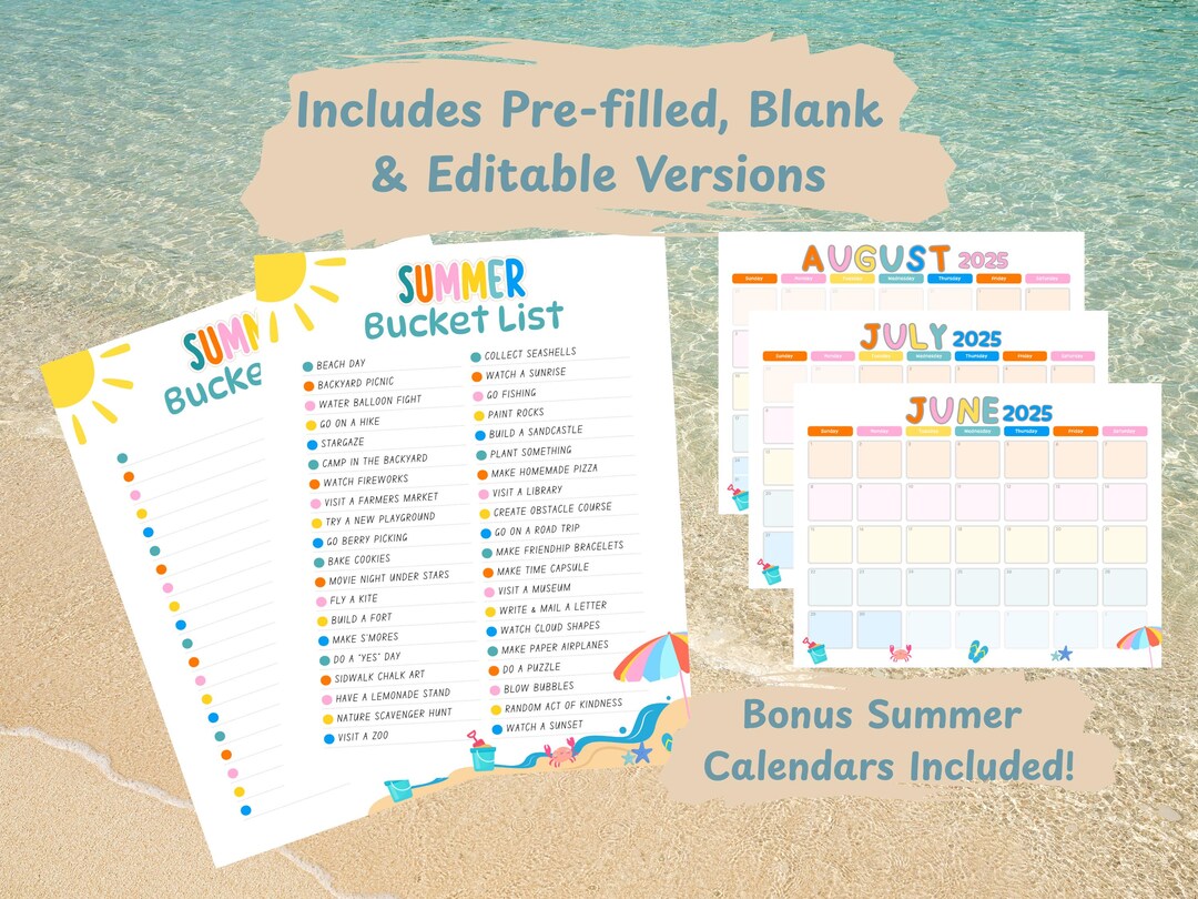 Printable Summer Bucket List for Kids + Bonus 2025 Calendars | Editable ...