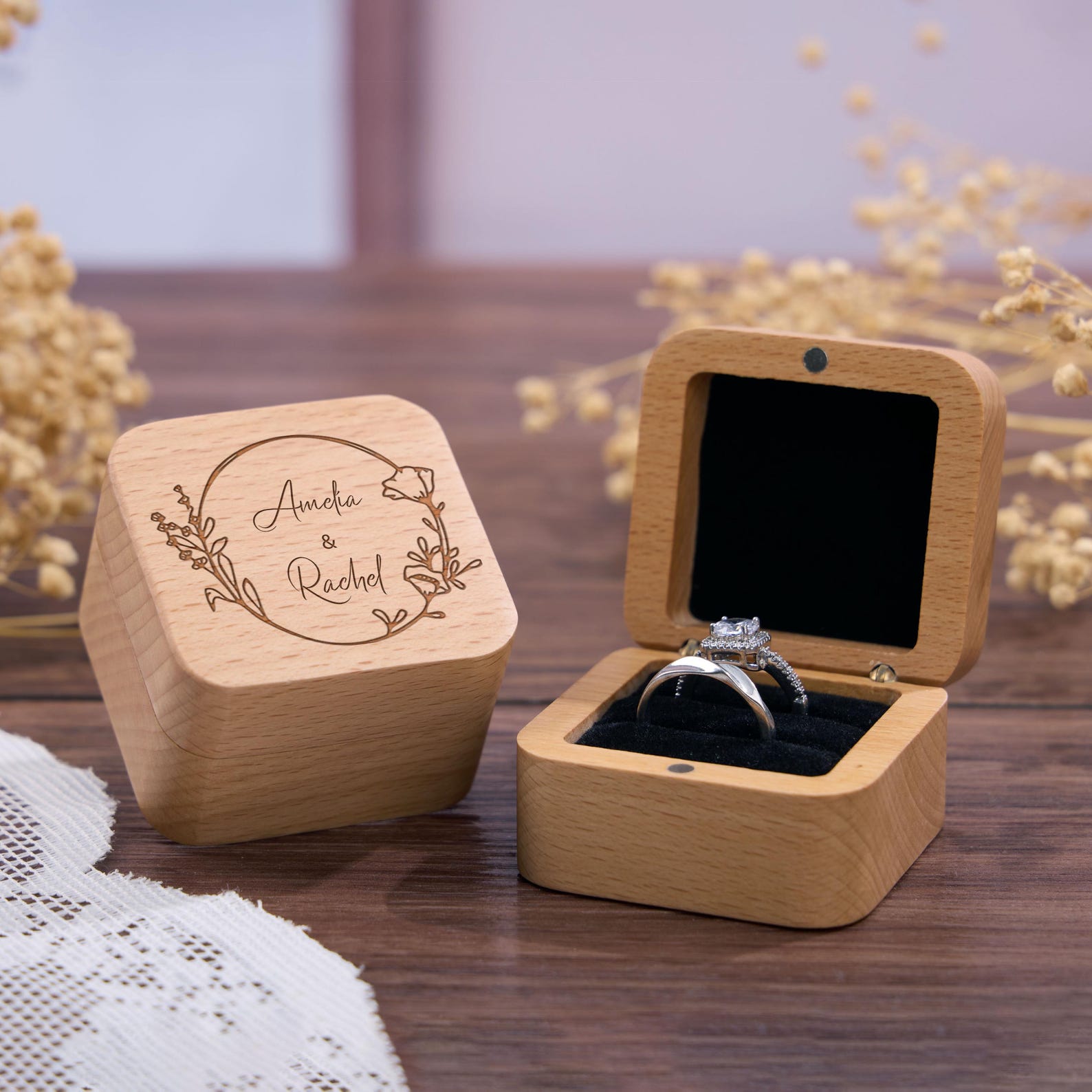 Custom Wooden Wedding Ceremony Round Ring Box, Clear Acrylic Cover ...