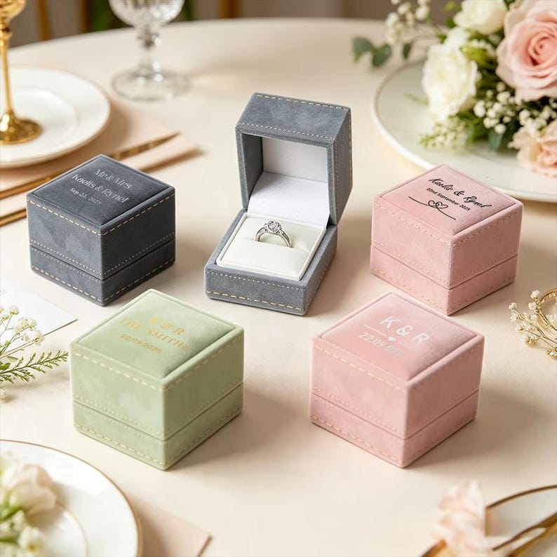 Personalized Velvet Ring Box Custom Logo Ring Holder Single Slot ...