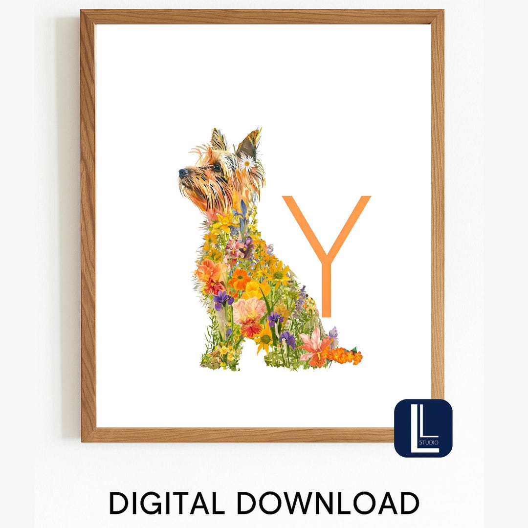 Y is for Yorkie Dog Print, Floral Yorkshire Terrier Nursery Art ...