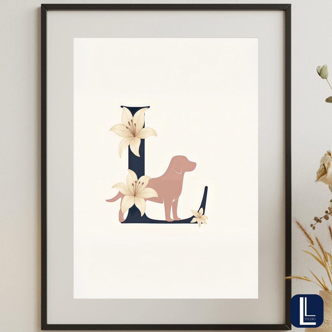 Labrador Floral Letter Art Print: Elegant Dog Alphabet Decor (digital ...
