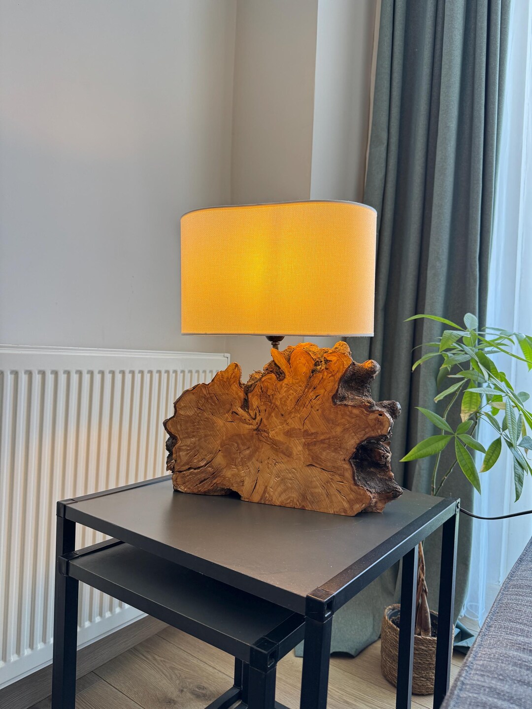 Olive Table Lamp; Solid Wood Slice With Ellipse Lamp Shade - Etsy