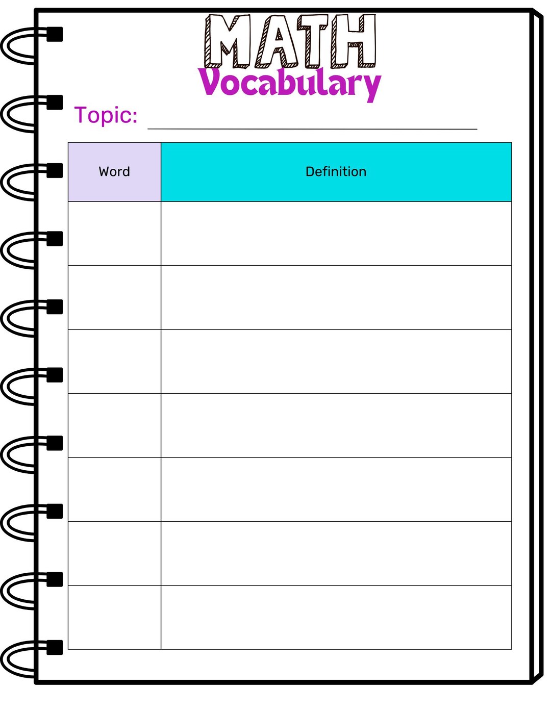 Math Vocabulary Recording Sheet - Etsy