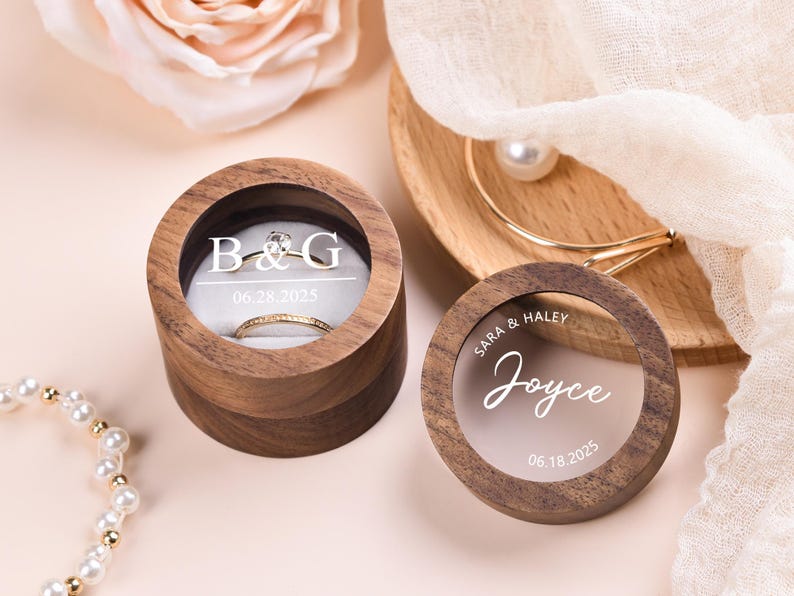 Personalized Walnut Ring Box, Clear Acrylic Lid,engraved Round Wedding ...