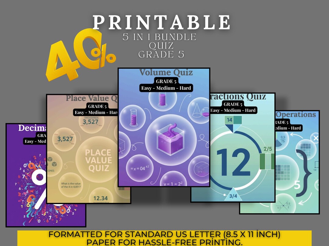 Complete 5th Grade Math Quiz SUPER BUNDLE | 5-pack Worksheets on ...