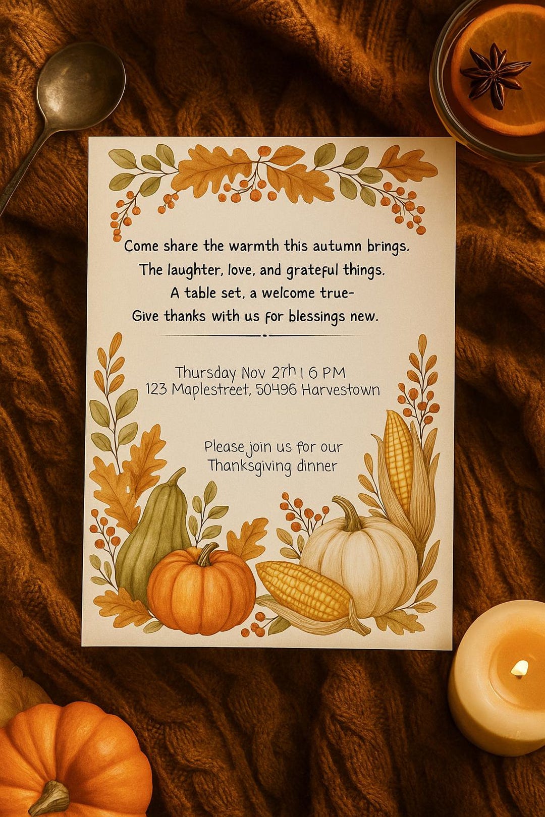 Editable Thanksgiving Dinner Invitation Template | Cozy Fall Watercolor ...