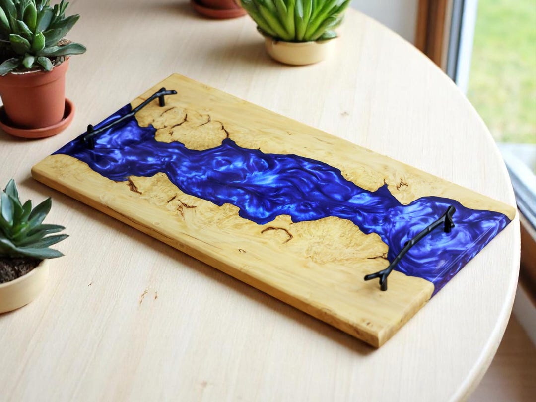 Epoxy Resin Serving Tray With Handles, Blue River Wood Tray ...