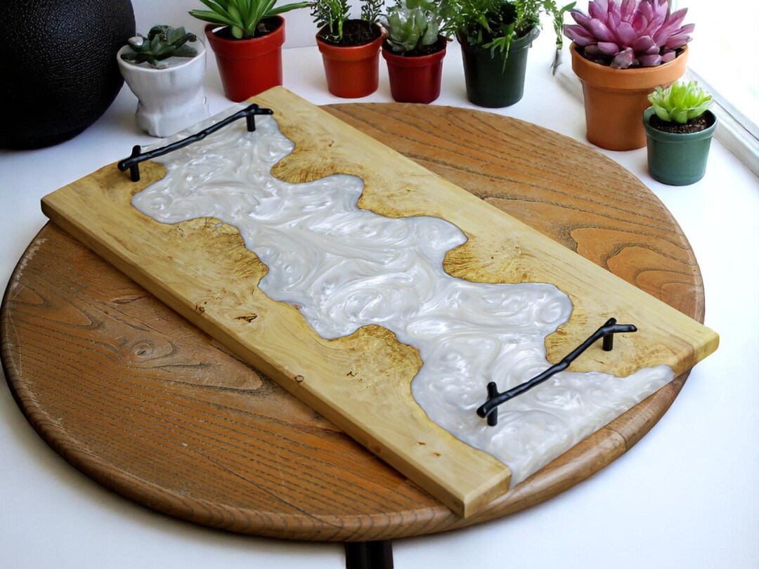 Epoxy Resin Serving Tray With Handles, White River Wood Tray ...