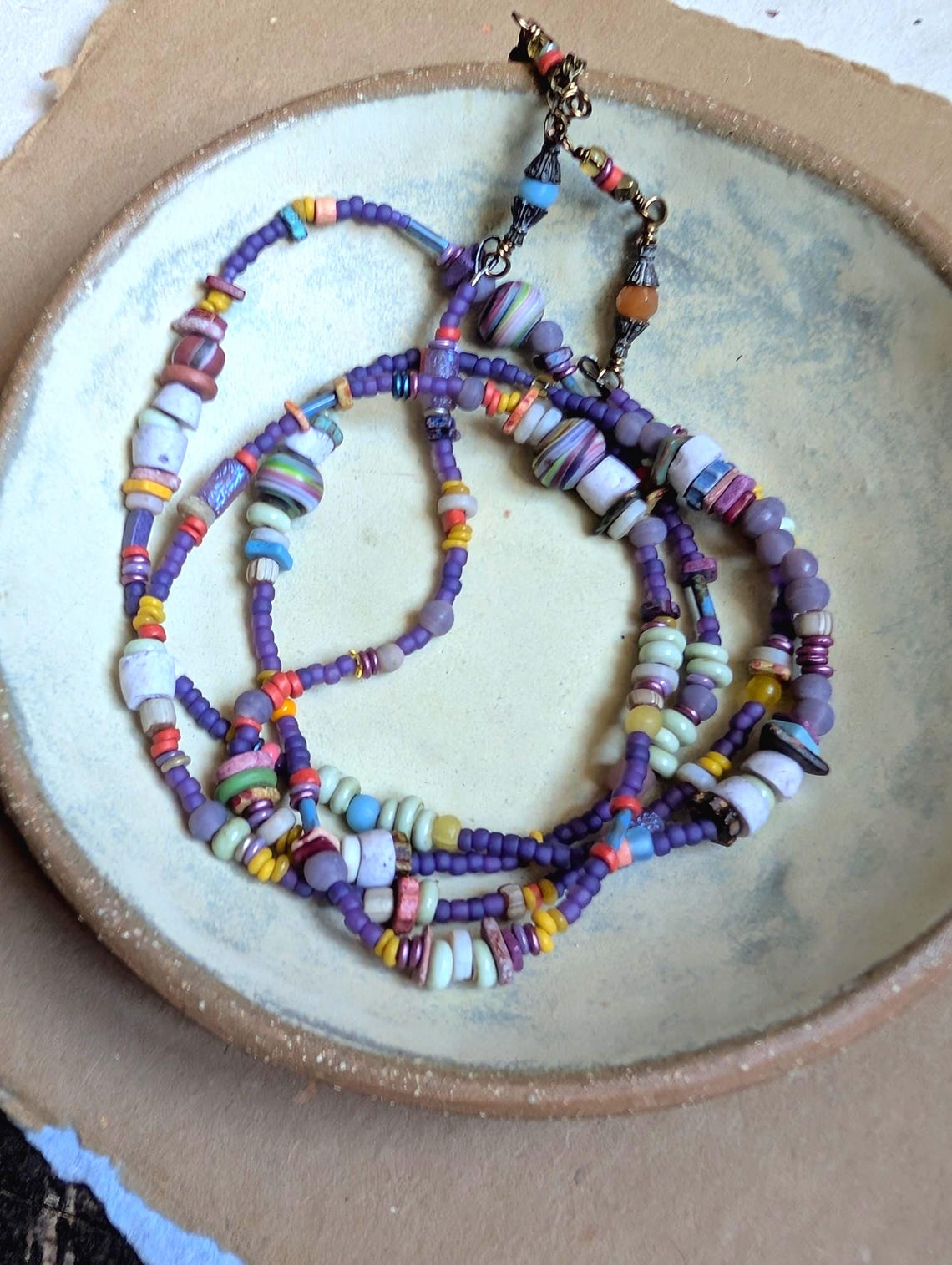 Ancient Style Seed Bead Strand: Violet, Persimmon, Celadon Necklace - Etsy