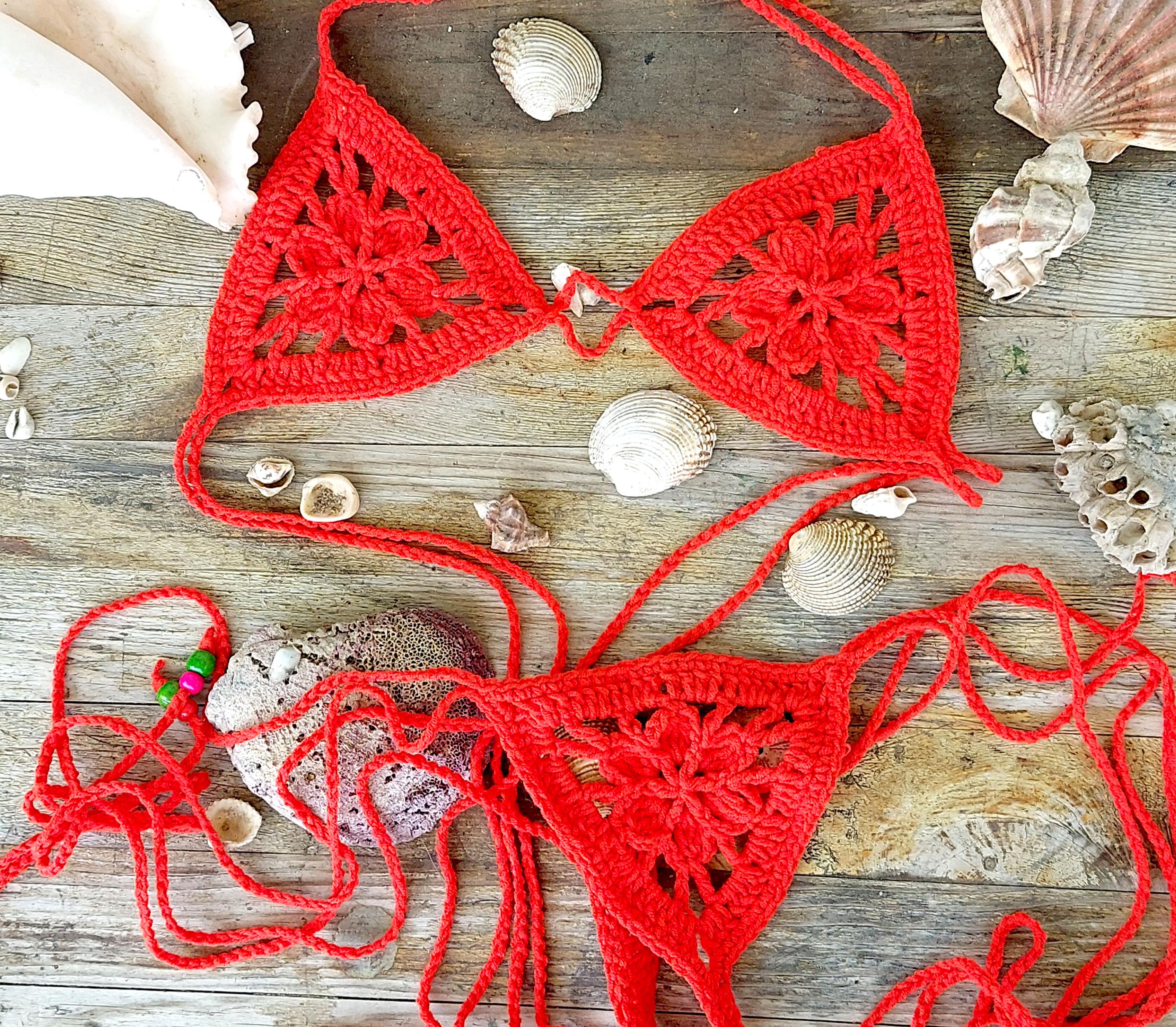 Red Crochet Bikini, Tiny Bikini Set, Mesh Knit See Through Bathing Suit ...