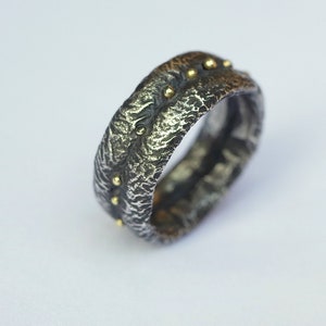 Wide Rustic Ring With Gold Dots Chunky Oxidized Silver Men's Ring With ...