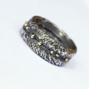 Wide Rustic Ring With Gold Dots Chunky Oxidized Silver Men's Ring With ...