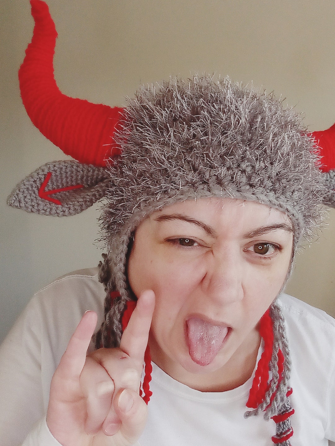 Krampus Beanie Red Devil Horns Gray Fuzzy Beanie Faux Fur - Etsy