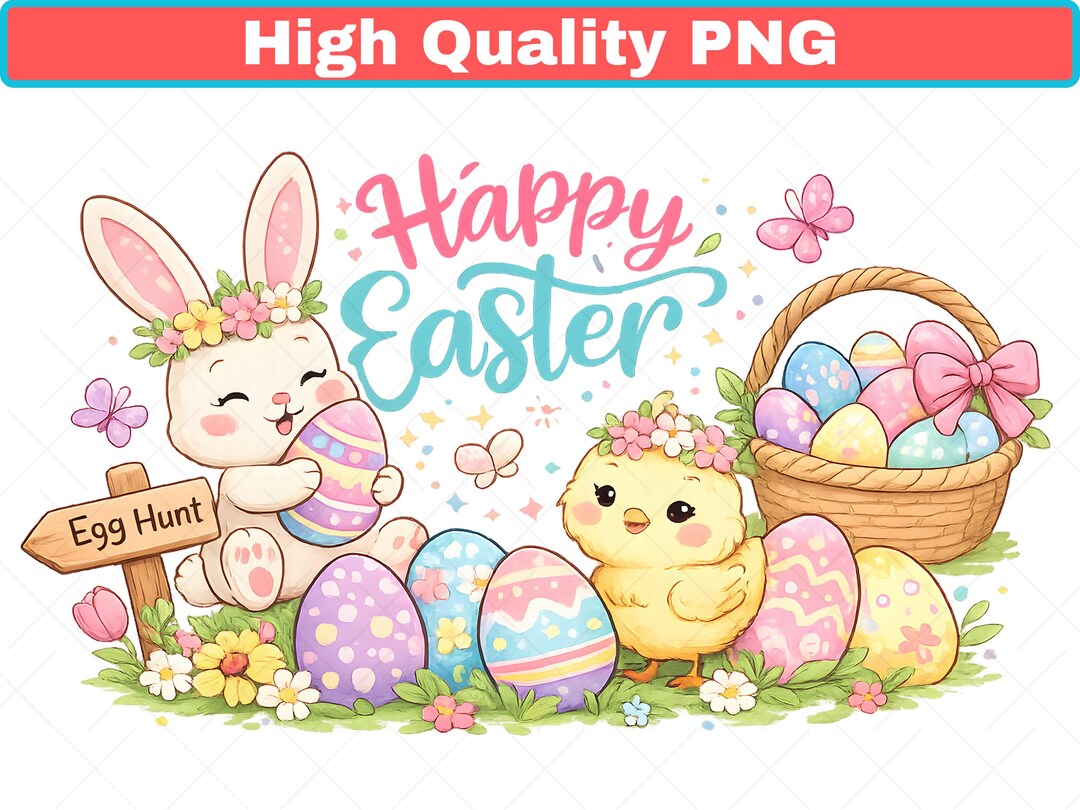Happy Easter Bunny Chick Clipart, Egg Hunt Design, Spring Watercolor ...