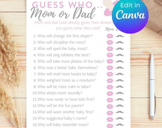 Guess Who Baby Shower Game, Minimalist Mom or Dad Quiz (PDF Template ...