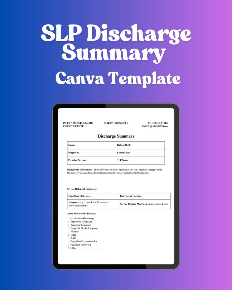 Editable SLP Discharge Summary Report Template | Speech Therapy ...