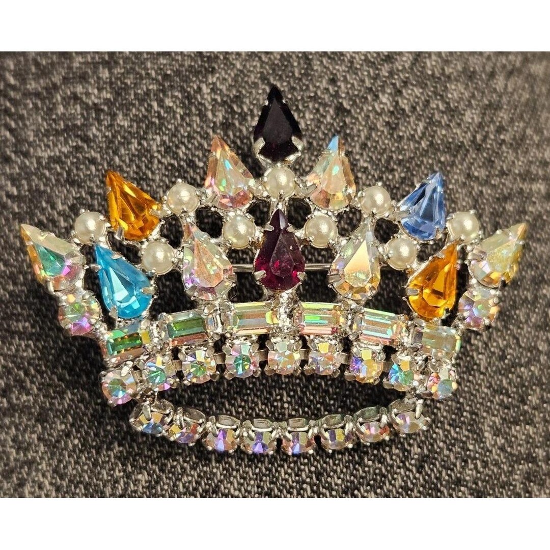 Vintage Signed David Co. Crown Brooch Multicolor & AB Rhinestones W ...