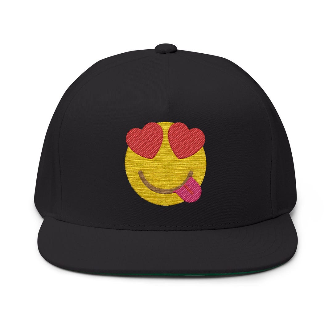 Heart Eyes Tongue Out Emoji Flat Bill Cap | Embroidered Smiley Snapback ...