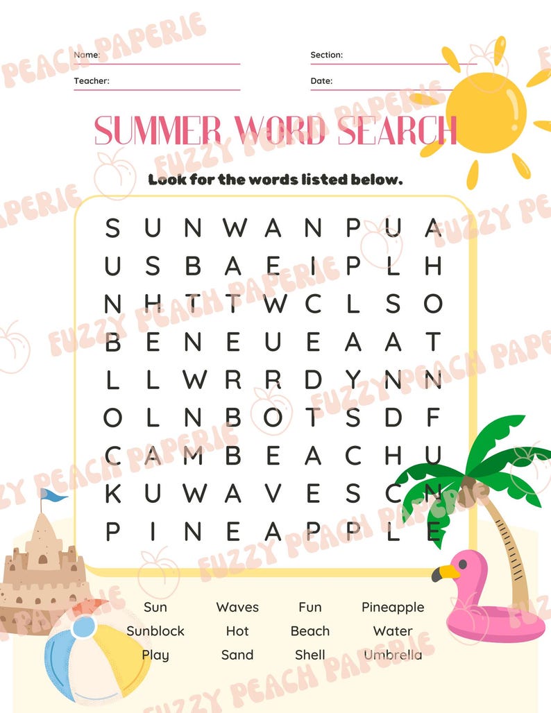 Summer Time Word Search | Printable Activity for Kids - Etsy