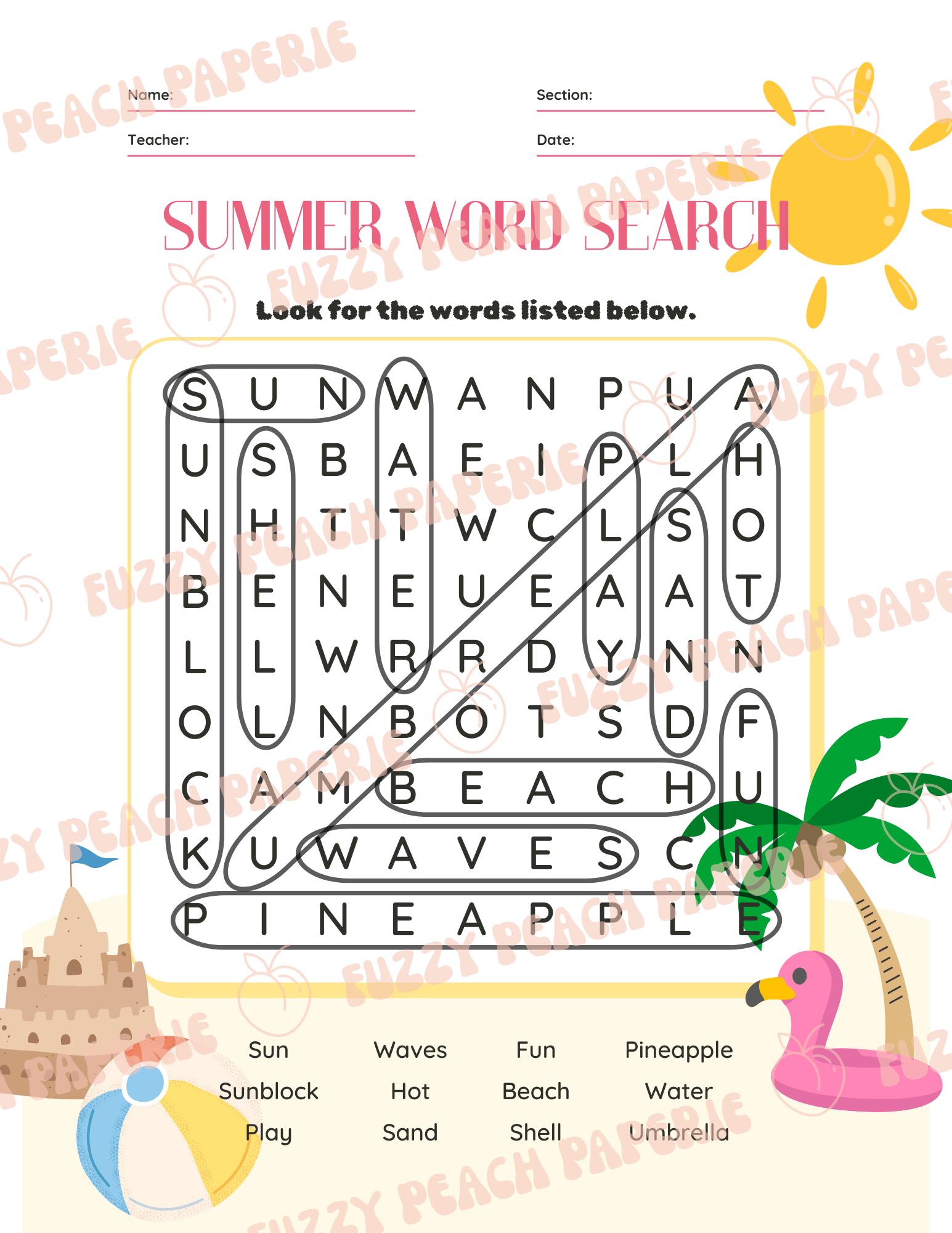 Summer Time Word Search | Printable Activity for Kids - Etsy
