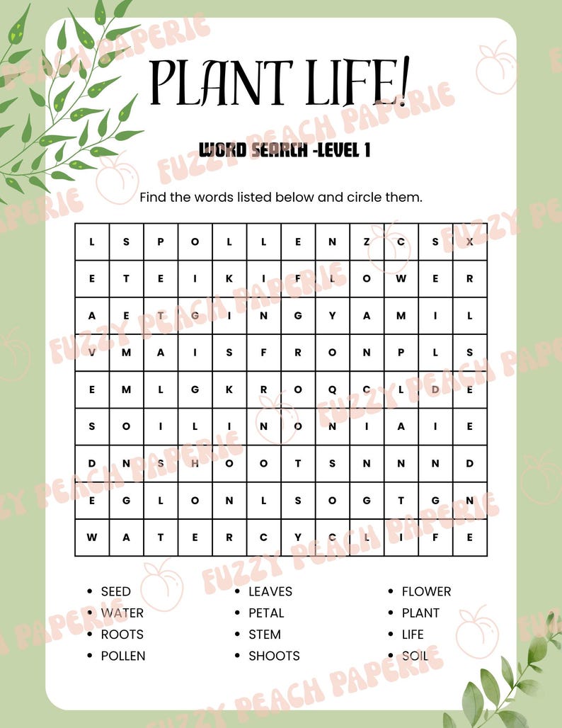 Plant Word Search (3 Levels) | Printable Nature Activity for Kids - Etsy