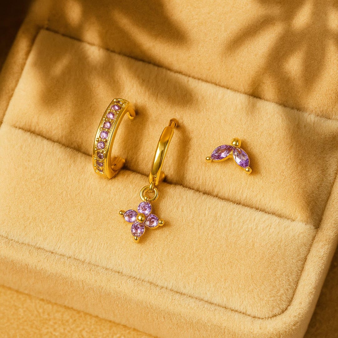 Lavender Cubic Zirconia Earring Set: 18K Gold Plated Hoops and Studs - Etsy