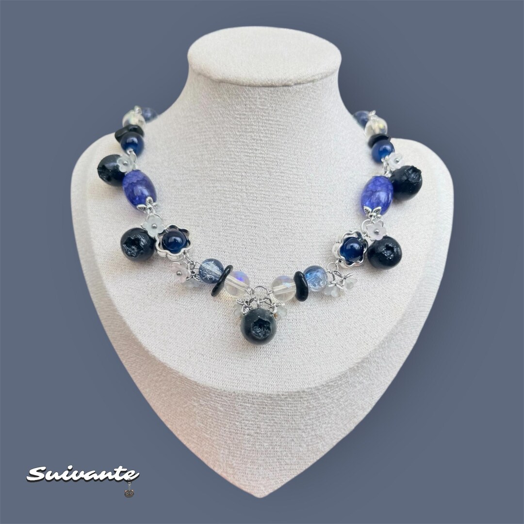 Blueberry Beaded Necklace – Handmade Polymer Clay Charm With Beads ...