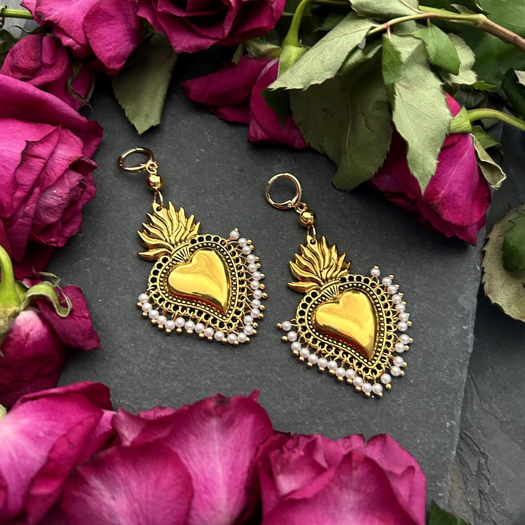 Statement Sacred Heart Earrings - 18k Gold Plated Leverback Huggies ...