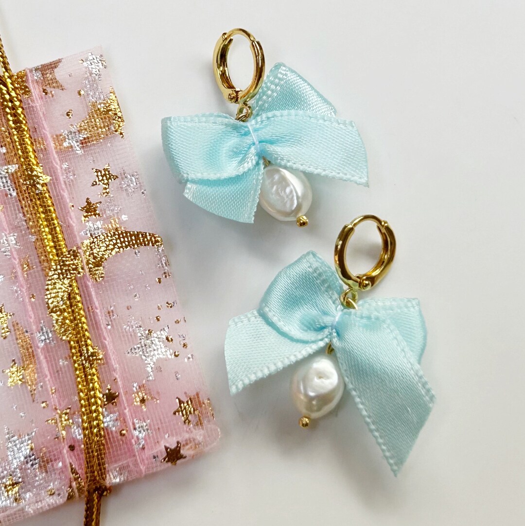 Pearl and Ribbon Hoop Earrings Gold Plated, Pretty Coquette Jewellery ...