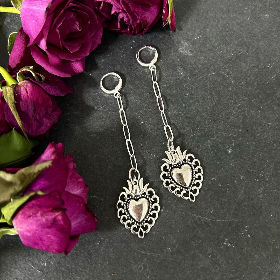 Sacred Heart Chain Earrings - Silver Plated Plated Brass Huggie Hoops ...