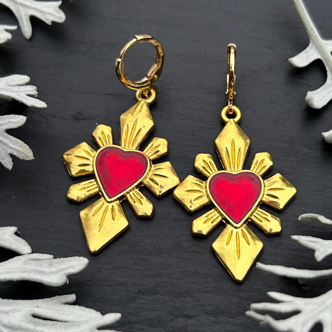 Statement Sacred Heart Shield Earrings - 18k Gold Plated Leverback ...