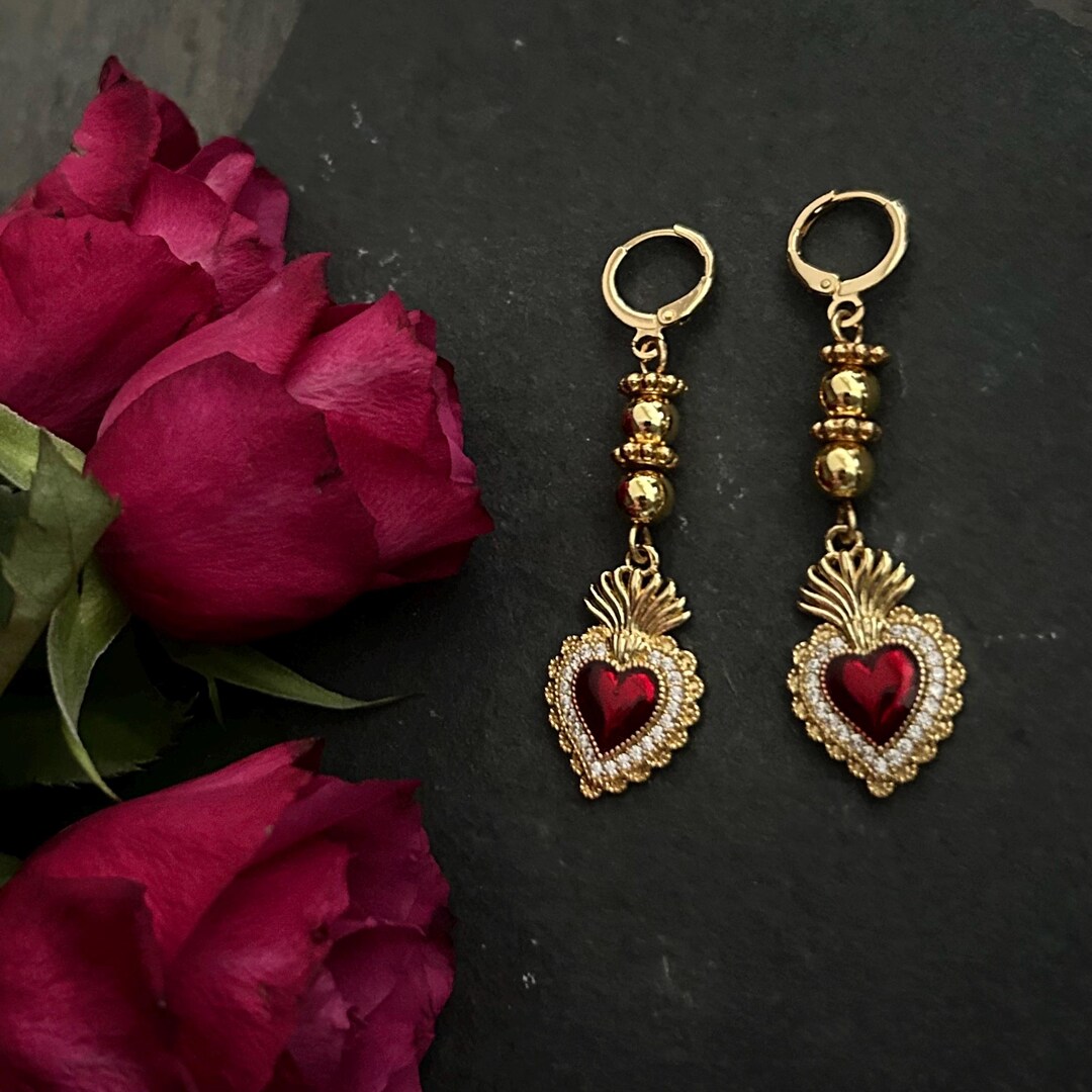 Sacred Heart Hoop Earrings 18k Gold Plated Huggies Hoops, Red Jewelled ...