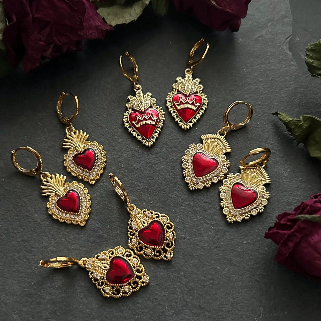 18k Gold Plated Sacred Heart Earrings - Leverback Hoops - 8 Styles ...
