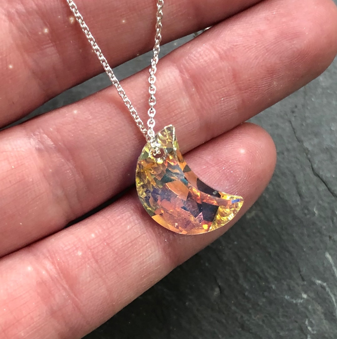 Full Sterling Silver Crystal Moon Necklace - Sparkling Iridescent Glass ...