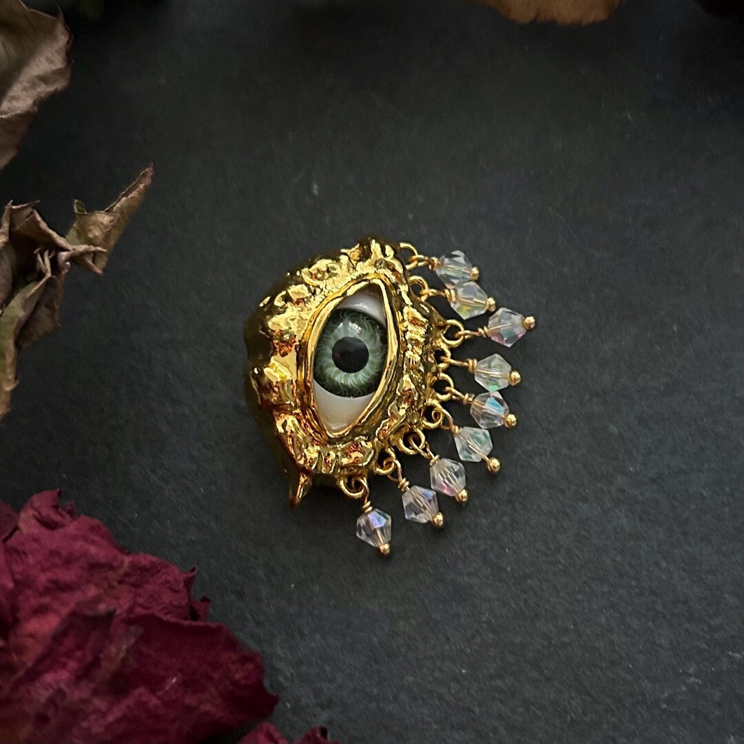 Statement Eye Brooch - Gold Tone Brass, Iridescent Clear Glass Charms ...