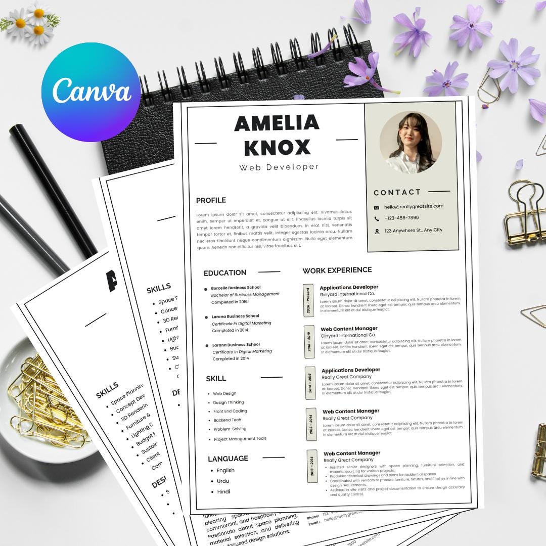 Editable Canva Resume Template | 2 Page Modern ATS Friendly CV for Job ...