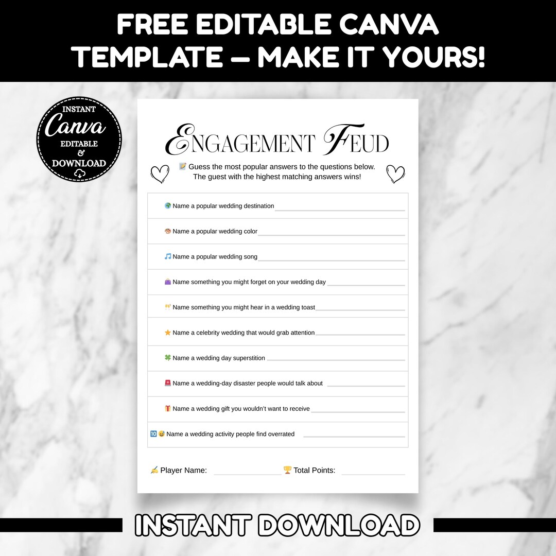 Engagement Feud Game, Bridal Shower Activity (canva Editable, Printable ...