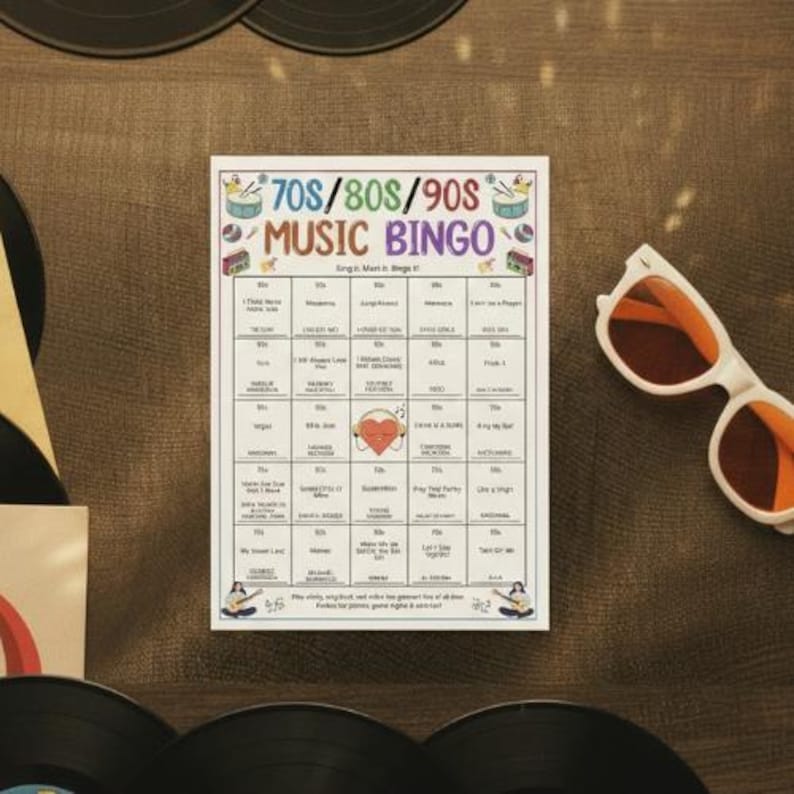 70s 80s 90s Music Bingo Game, Retro Party Activity (PDF Printable) - Etsy